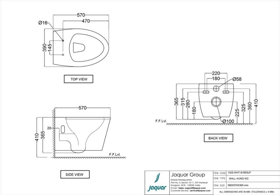Vignette Rimless Wall Hung WC Size 370x525x350 mm | Jaquar Global